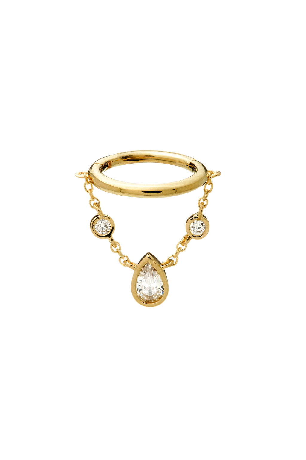 Solid Gold Hinged Earring with Hanging Chain and Gems - Gold | Tish Lyon